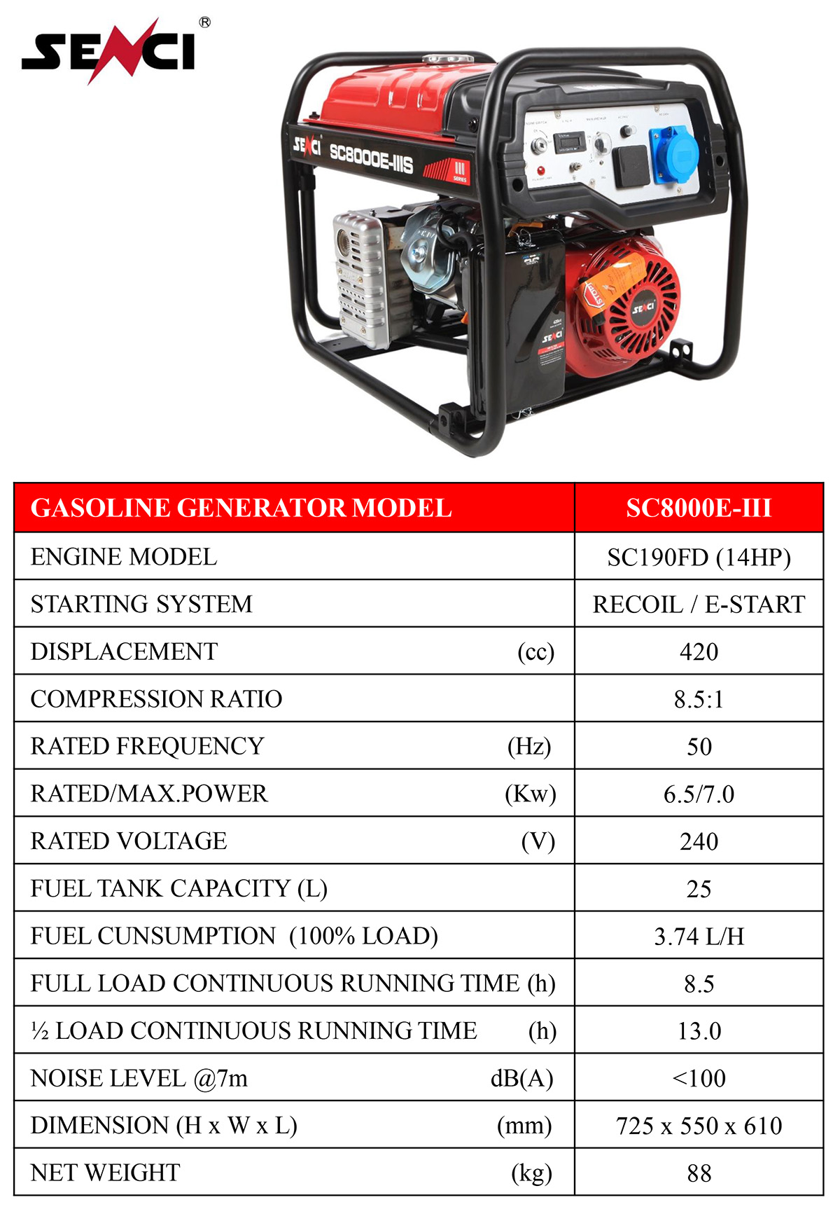 SENCI Gasoline Generator SC8000E-IIIS - Total Equip Trading Sdn Bhd
